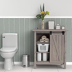 Landia Home Farmhouse Coffee Bar Cabinet with Sliding Barn Door, Accent Cabinet with 3 Tiers Shelves, Cabinet for Entryway, Living Room, Bathroom, and Kitchen, Grey