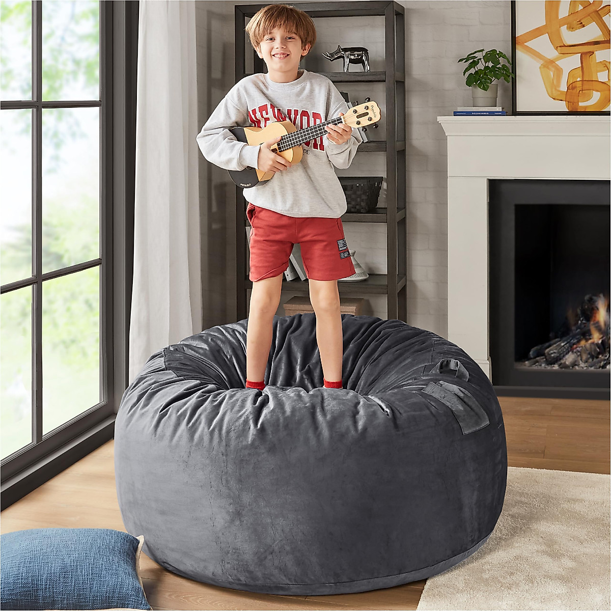 Codi Bean Bag Chair for Kids with Filler Included 10-12 | Comfy Kid Beanbag Chair 3 FT, Memory Foam Added | Machine Washable, Charcoal Grey, 3ft