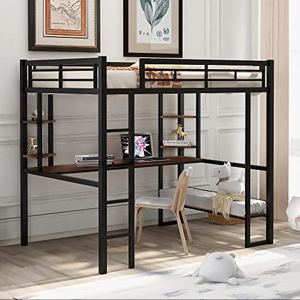 MOEO Twin Over Full L-Shaped Bunk Bed & Twin Size Loftbed with Built-in Desk for Bedroom, Adults, Kids, No Spring Box Required, Black
