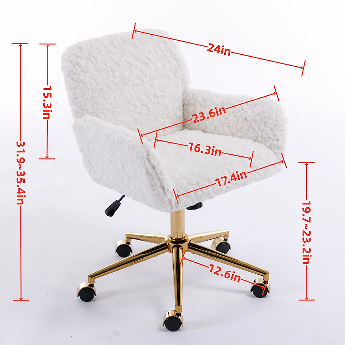 Modern Swivel Home Office Chair,Artificial Rabbit Hair Computer Chair Desk Chair Ergonomic Office Chair Adjustable Office Desk Chair with Golden Base & Wheels Vanity Chair for Home Office (Beige)