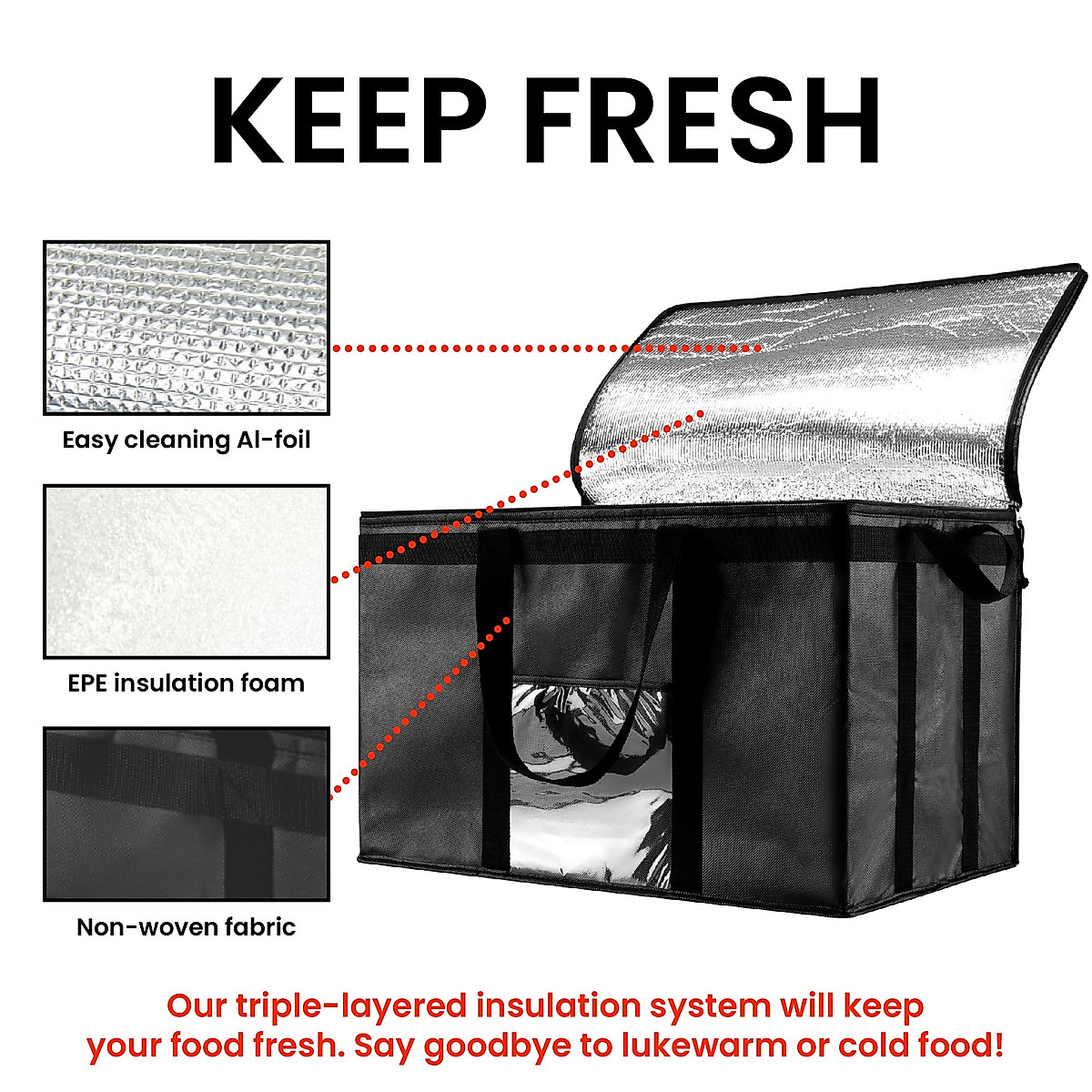 NZ HOME 3XL Insulated Cooler Bag for Food Delivery & Grocery Shopping with Zippered Top, Black (1 pack)