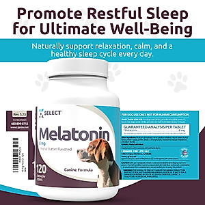 K9 Select Melatonin for Dogs - Calming Chews - Dog Melatonin for Sleep - Reduce Stress, Helps Composure Calming Treats for Large Dogs - 6 mg, 120 Peanut Butter Flavored Chewable Tablets