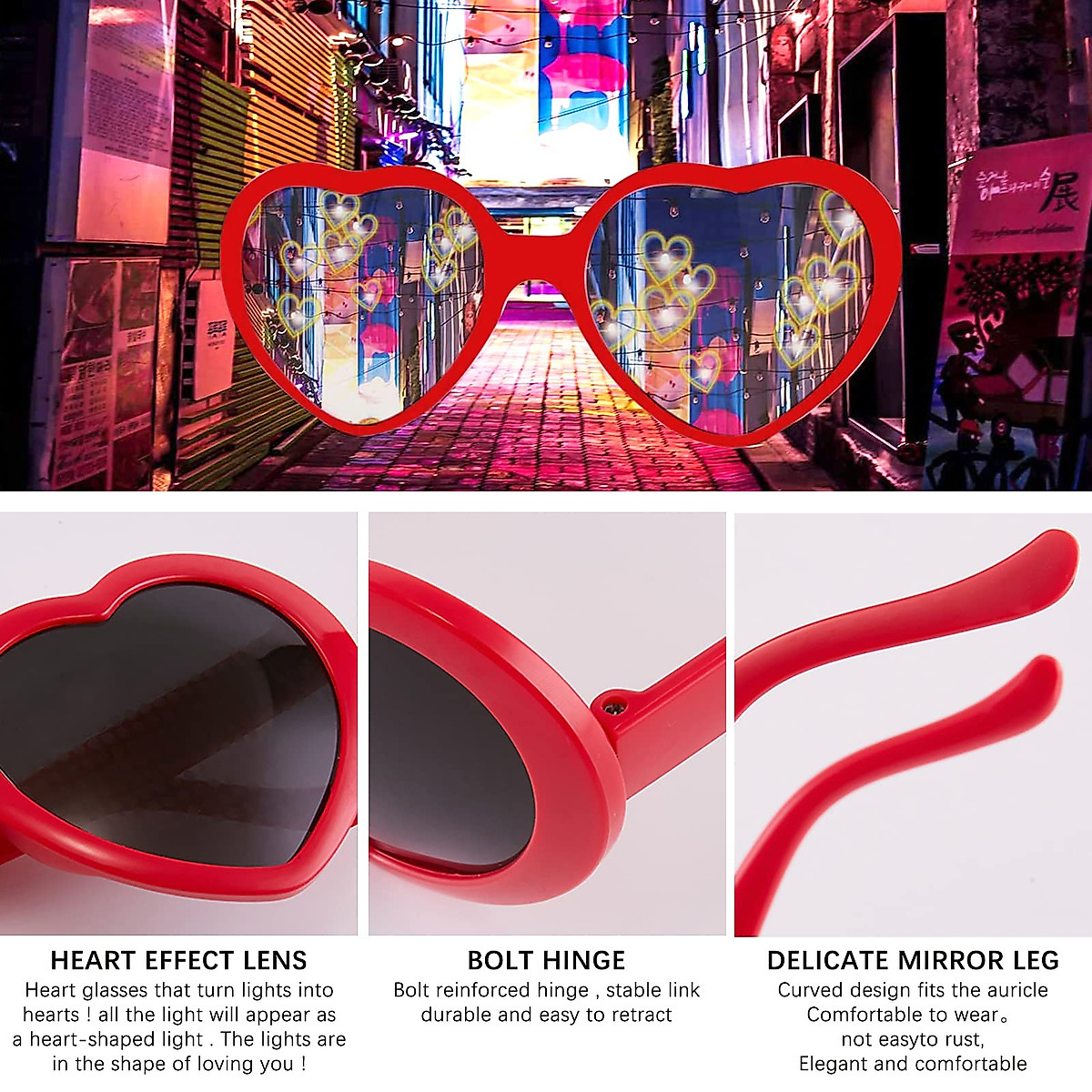 YQVIE Heart Shaped Sunglasses with Heart Effect for Women Light Changing Heart Effect Diffraction Glasses for Party Supplies (Black/White/Red/Pink)