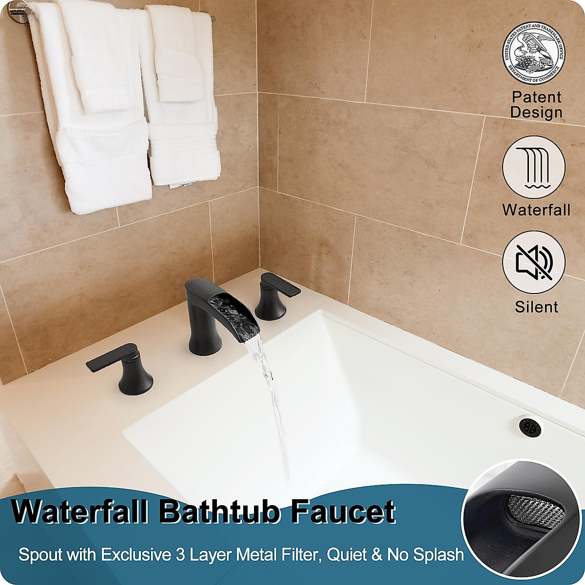 HOIGY Solid Brass Waterfall Bathtub Faucets Set, 3 Hole Matte Black Tub Faucet 2 Handle, High Flow Roman Tub Faucets Widespread 6-16 Inch Deck Mount