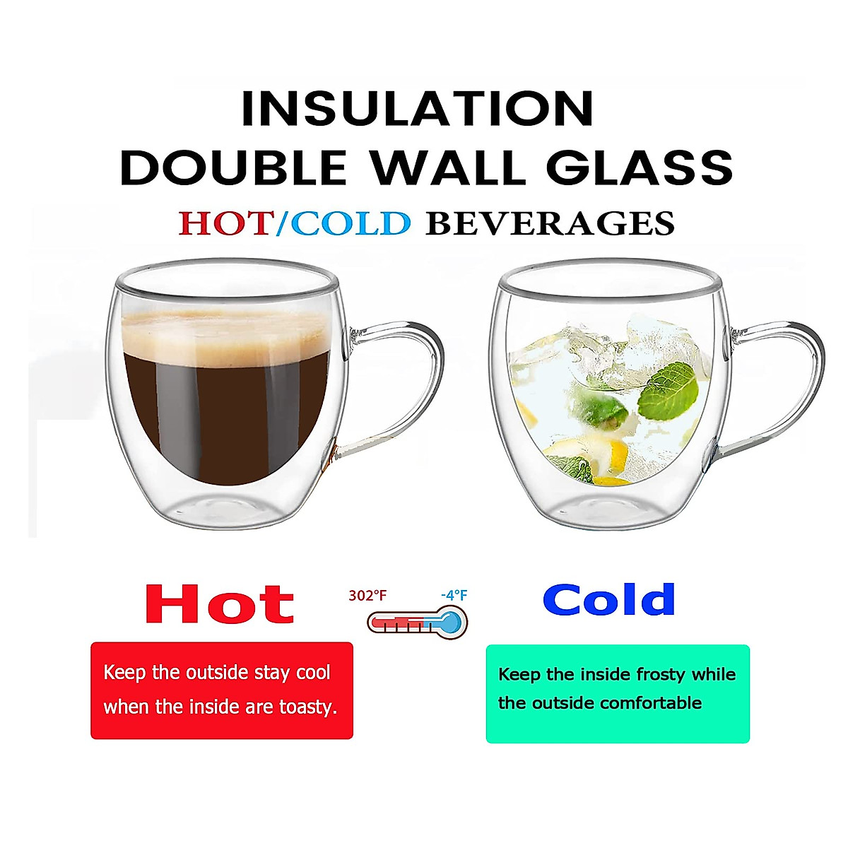 xiatnnxaa Insulated Glass Coffee Mug With Handle, 8 Ounce Clear Coffee Cup, 2 Pack Insulated Glass Espresso Mugs, Double Wall Coffee Mugs for Tea, Espresso, Cappuccino, Latte, Water Cold hot Beverages