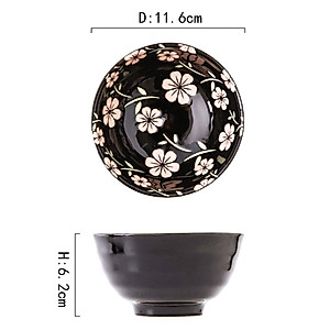 Whitenesser Japanese Style Rice Bowls set of 4, Ceramic Rice Bowls for Soup Cereal Oat (4, Black Sakura)