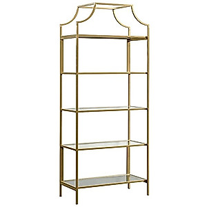 Pemberly Row Modern 5 Shelf Metal Bookcase in Satin Gold Finish
