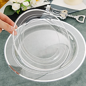 I00000 96 Pieces Clear Silver Plastic Plates, Clear Disposable Plates with Silver Rim Heavy Duty Fancy Wedding Party Plates Include 48 Dinner Plates 10.25" and 48 Dessert Appetizer Plates 7.5"