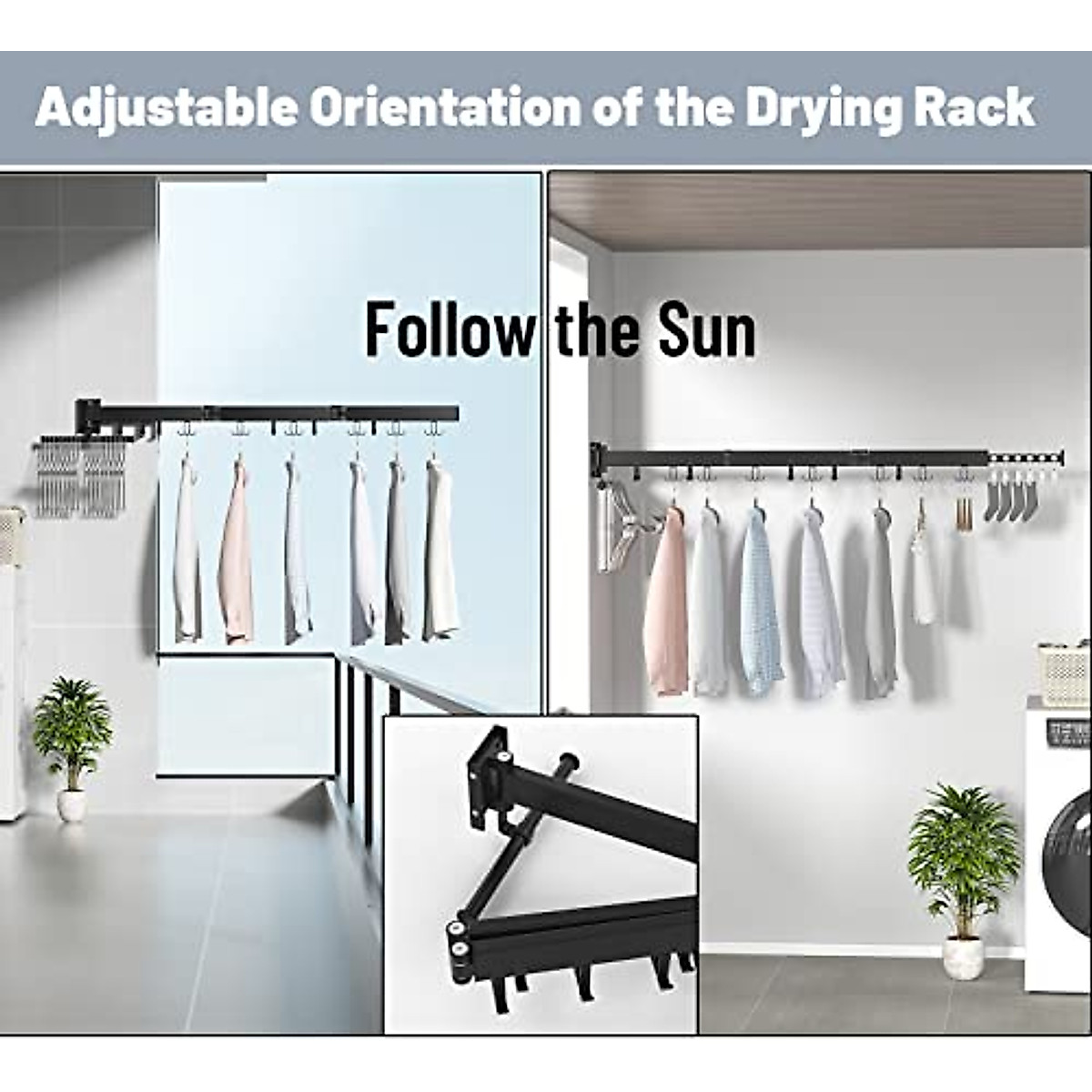 Zxlozxly Wall Mounted Clothes Hanger Rack, Black Retractable Clothes Drying Rack, Laundry Drying Rack, Collapsible (Tri-Fold), Clothes Drying Rack for Laundry Balcony Bedroom