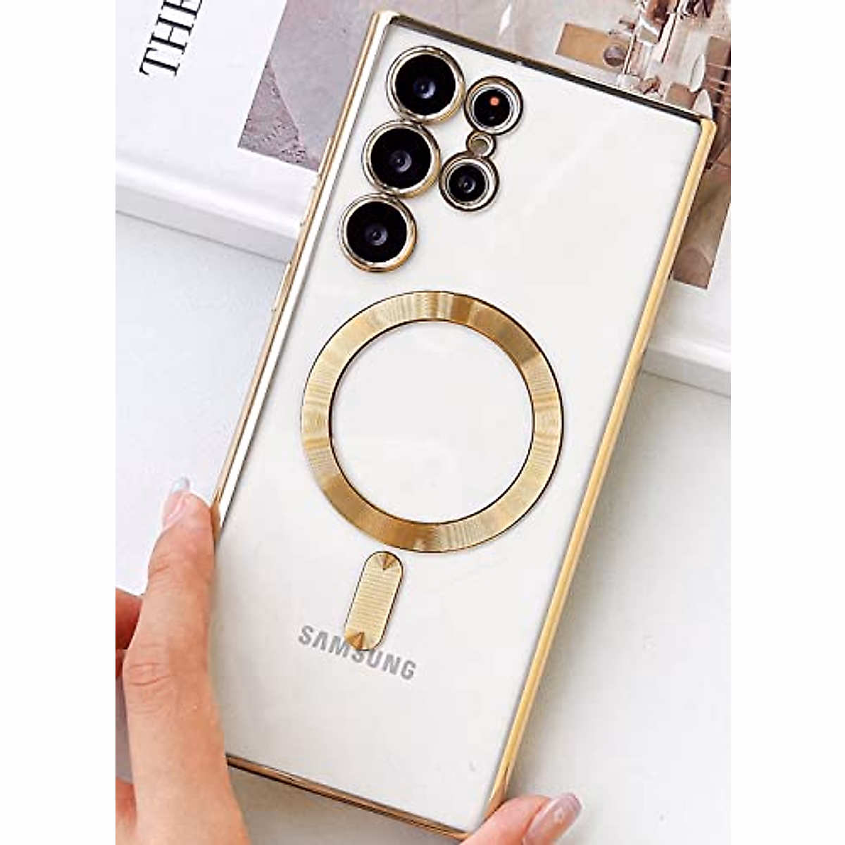 LZGHOYF Galaxy S23 Ultra Case, Clear Case for Samsung Galaxy S23 Ultra Built-in Camera Lens Protector Magnetic Case Compatible with MagSafe Elegant Protection Case Cover - Gold