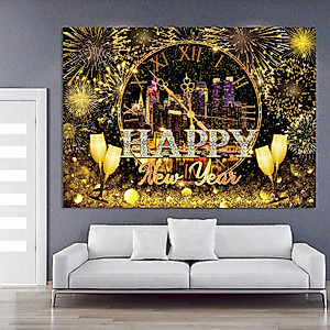 BAIFNEZ 2024 New Year Countdown Backdrop Sparkling Gold Fireworks Champagne Glasses City Night Photography Background New Year's Eve Family Gathering Business Party Decoration Supplies (7x5FT, Gold)