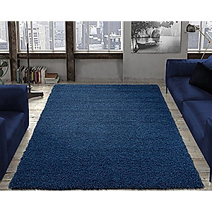 Sweethome Stores Cozy Collection Plush Luxurious Solid Navy Solid Design (5' X 7') Shag Living Room & Bedroom Area Rug