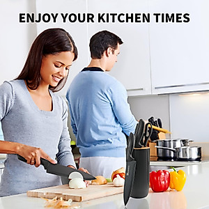 Howashin Knife Set, 6-Piece Black Professional Stainless Steel Knives Set for kitchen with Universal Knife Block - Non-Stick Sharp Blade Chef Knife Set with Cylindrical Knife Block for Gift.