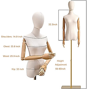 Female Mannequin Dress Form Torso, Display Mannequin Body with Detachable Head, Wooden Hands and Golden Adjustable Height Stand, for Dress Jewelry Display, Beige (Gold)