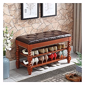 ALDEPO Shoe Cabinet 2/3 Layer Shoe Stool Shoe Bench in Entrance Hallway Shoe Rack Solid Wood Storage Cabinet with PU Seat Cushion Living Room Hotel Bedroom Wardrobe Retro Style Ea