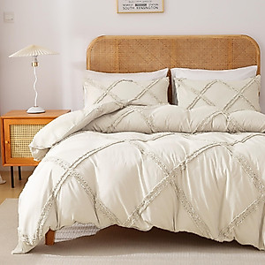 MILDLY Boho Duvet Cover Beige - Tufted Comforter Cover Set Geometric Textured Jacquard King Size Bedding Set with Corner Ties & Zipper Closure