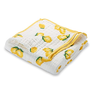 LollyBanks Muslin Baby Quilt, 100% Cotton Baby Blanket for Boys and Girls, Large 47 x 47 Inches Versatile Crib Blanket, 6 Layers Newborn Blanket, Durable Baby Bedding, Registry (Sunny Lemon Print)