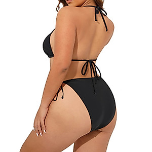 Tempt Me Women Plus Size Triangle Bikini String Two Piece Halter Tie Side Swimsuit Black 14 Plus