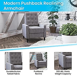 Flash Furniture Ezra Pushback Recliner - Mid-Century Modern Gray Fabric Upholstery - Button Tufted Back - Residential & Commercial Use Grey