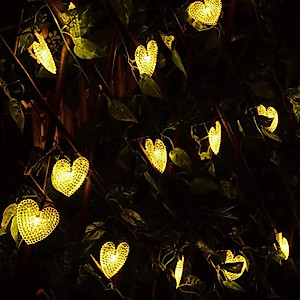 WONFAST Solar Heart String Lights, Waterproof 23ft 50LED Heart-Shaped 8 Mode Solar Starry Ambiance Lighting Christmas Fairy String Lights for Gardens Path Homes Wedding Party Decor (Warm White)