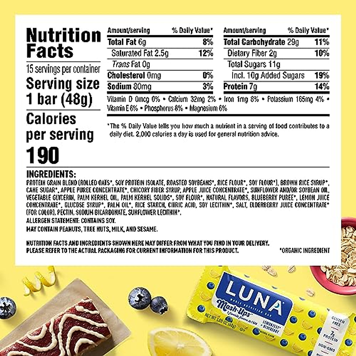 LUNA Mash-Ups - LemonZest + Blueberry Flavor - Gluten-Free - Non-GMO - 7-9g Protein - Made with Organic Oats - Low Glycemic - Whole Nutrition Snack Bars - 1.69 oz. (15 Count)