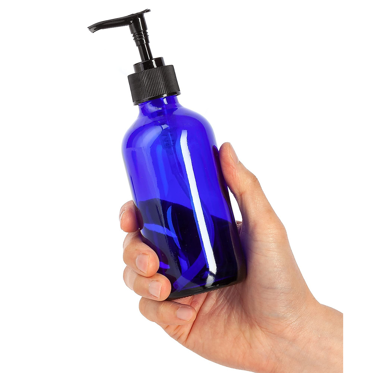 8 oz Cobalt Blue Boston Round Glass Bottles (2 Pack) with Two Closures: Black Lotion Pump and Phenolic Caps