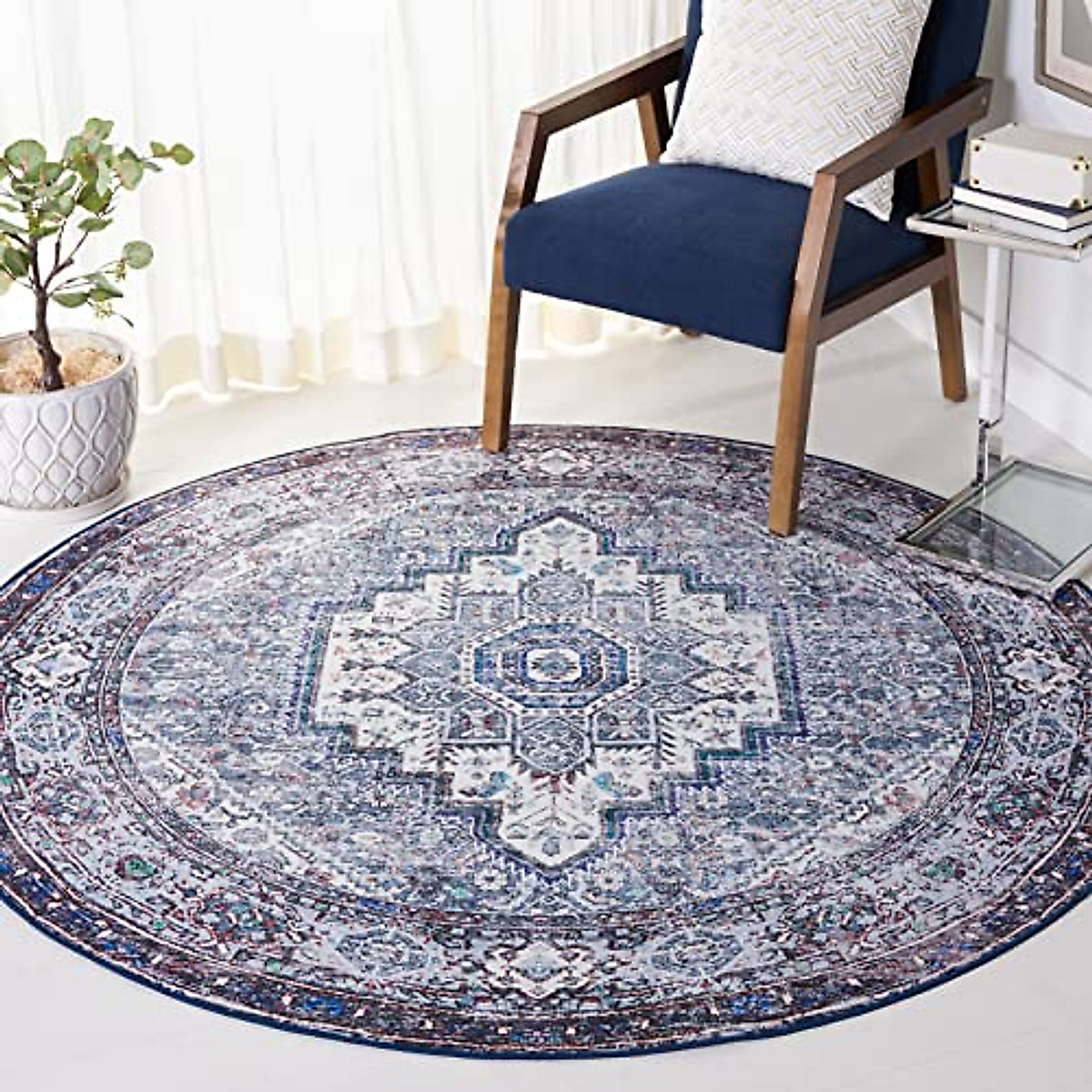 SAFAVIEH Tucson Collection Area Rug - 6' Round, Beige & Green, Persian Medallion Design, Non-Shedding Machine Washable & Slip Resistant Ideal for High Traffic Areas in Living Room, Bedroom (TSN198C)