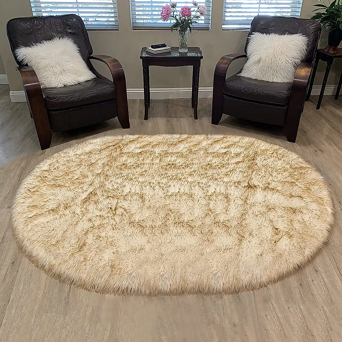 Luxury Faux Sheepskin Fur Rug | Fluffy Area Rug, Shag Rug for Bedroom, Living, Kids Room | Soft Fuzzy Rug, Non-Slip Home Décor Accent, Oval (3'x5', White/Brown Tips)