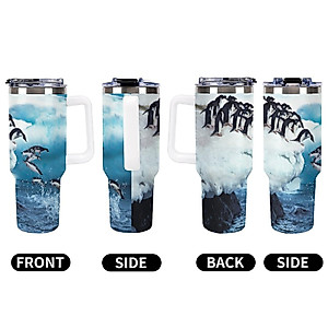 Niapessel Leak Proof Tumbler, Insulated Water Bottles with Straw, Penguin Group Into Ocean Insulated Cup with Handle 40 Oz Stainless Steel Flask for School, Travel, Car, Sports, Work