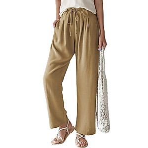 ebossy Women's Summer Drawstring Elastic Waist Cotton Linen Utility Beach Palazzo Pants Pockets (XL, Khaki)