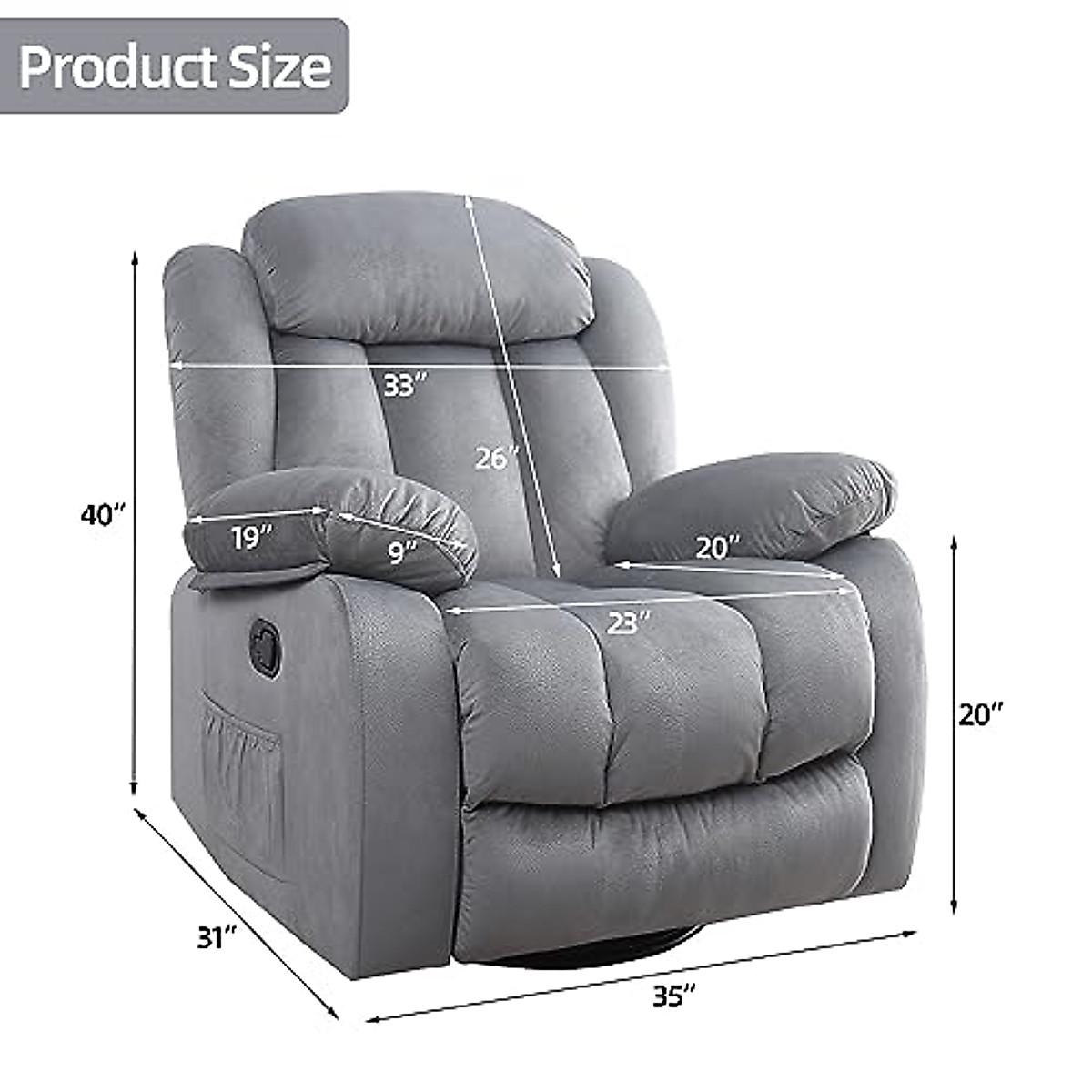 INZOY Massage Swivel Rocker Recliner with Heat and Vibration, Manual Rocking Recliner Chair with Vibrating Massage, Comfy Padded Overstuffed Soft Fabric Heated Recliner, Light Grey