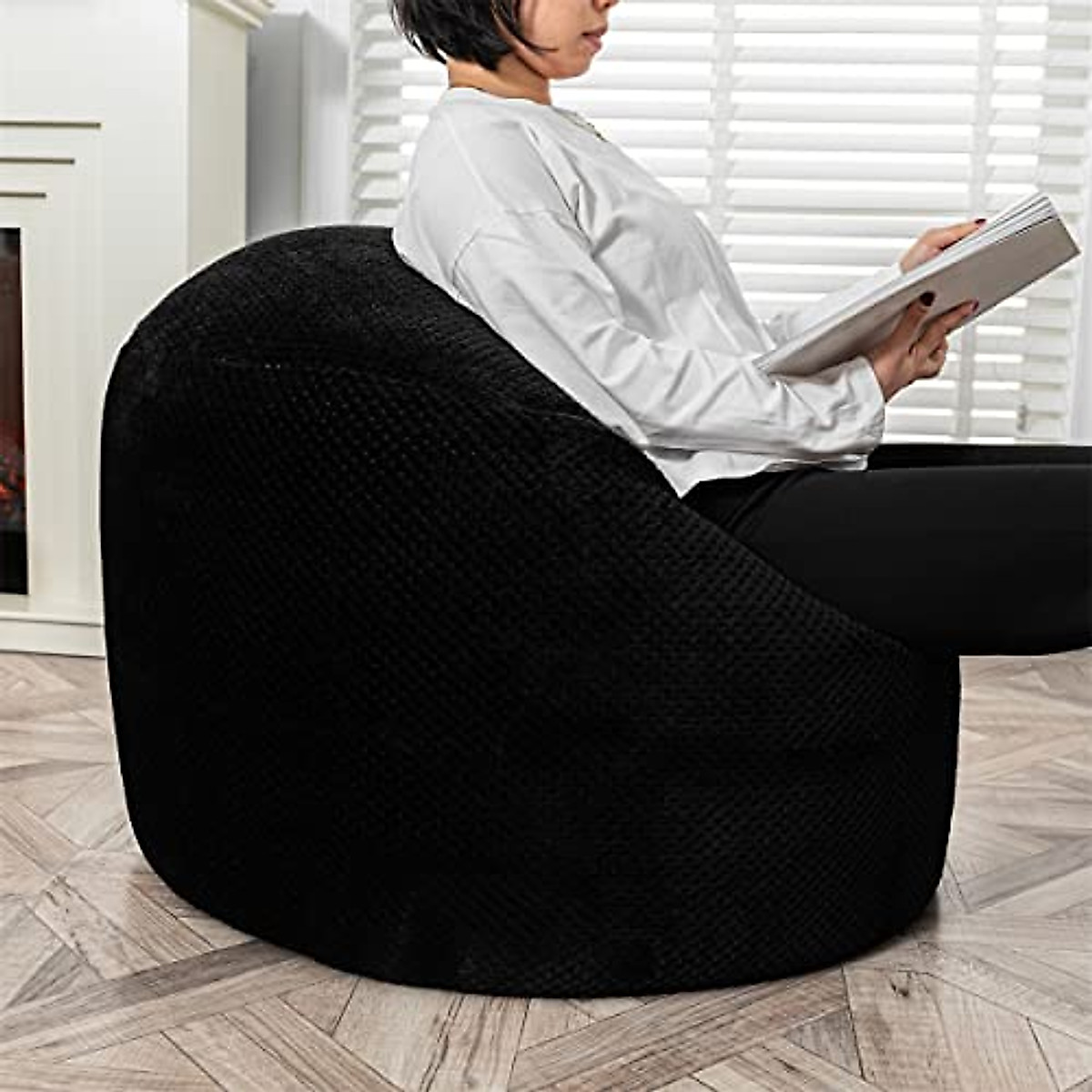 Bean Bag Chairs Cover (No Filler) Soft Washable Plush Fiber Adult Beanbag Chair Fuzzy Fur Cover Without Filling (Solid Black Bean Bag Cover)