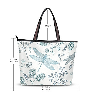 Shoulder Bag Large Beach Travel Tote Bag Blue Dragonfly Printed Handbags