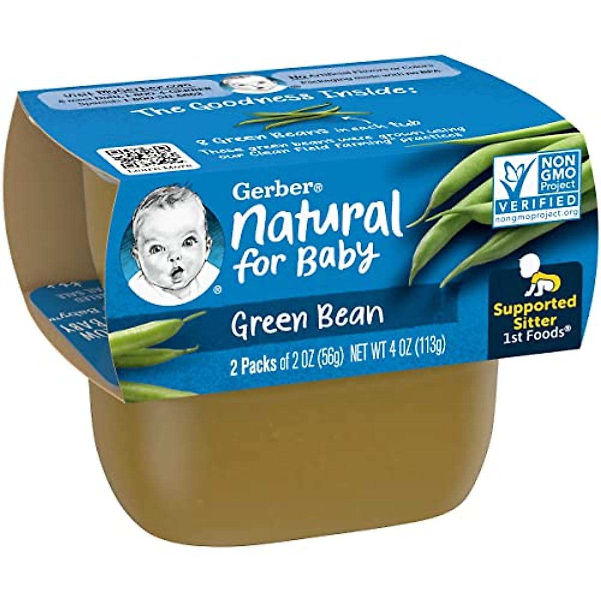 Gerber Natural for Baby 1st Foods Baby Food Tubs, Green Bean, Non-GMO & Natural Pureed Baby Food for Supported Sitters, 2 - 2 Ounce Tubs Per Pack (Pack of 4)