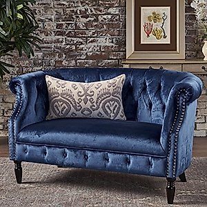 Christopher Knight Home Milani Tufted Scroll Arm Velvet Loveseat, Navy Blue / Dark Brown