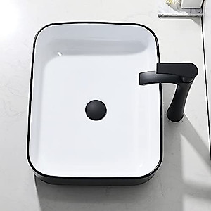White and Black Bathroom Sink with Faucet and Drain Combo-Bokaiya 16x12 Rectangle Vessel Sink Above Counter Porcelain Ceramic Bathroom Sink Art Basin, Faucet and Pop Up Drain Combo