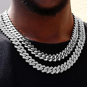 WKTYCCT 2pcs Cuban Link Chain for Men Women Iced Out Miami Cuban Necklaces Gold Silver 14mm Cuban Chain Necklace Sets Diamond Hip Hop Jewelry Gift (Silver, 16inch+18inch)