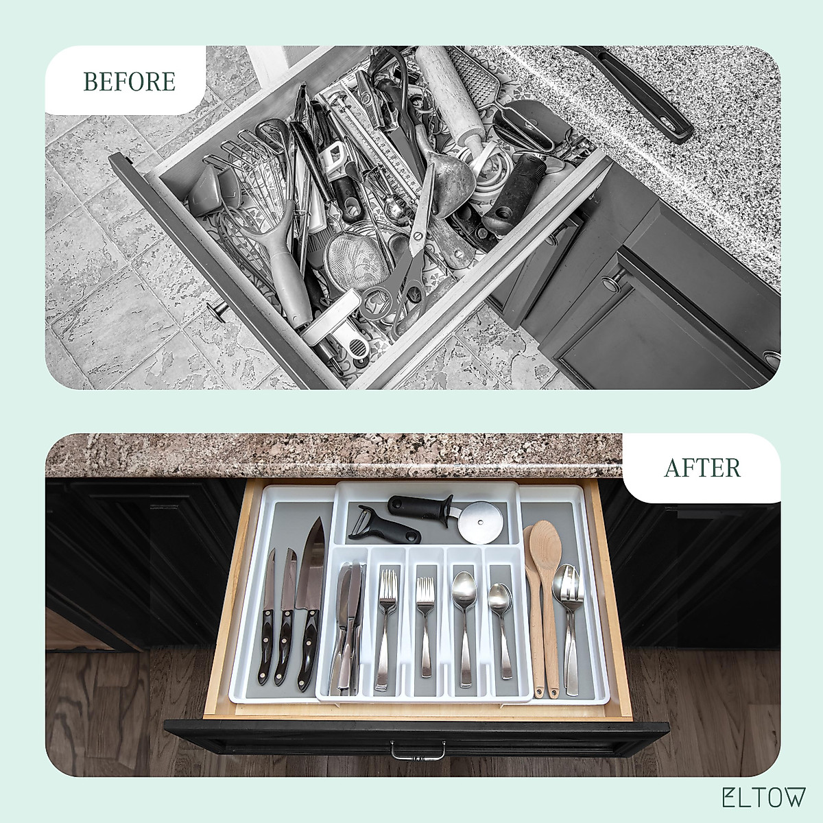 ELTOW Expandable In Drawer Silverware Organizer - Kitchen Storage Silverware Tray For Flatware – Cutlery Holder With 8 Compartments - Multipurpose Organizer Tray For Kitchen & Office Supplies - White
