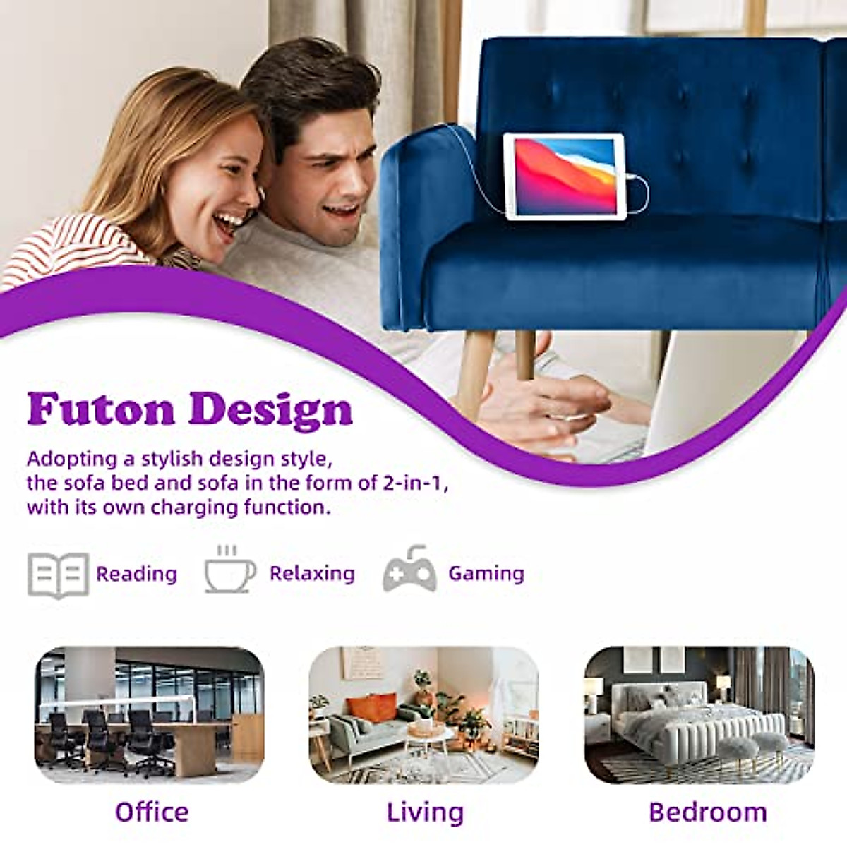 TYBOATLE 65"W Velvet Modern Convertible Folding Futon Couch Sofa Bed w/ 2 USB Charging Ports and Arms, Loveseat for Compact Living Space, Dorm, Game Studio, Bonus Room, Apartment, Bedroom (Navy Blue)