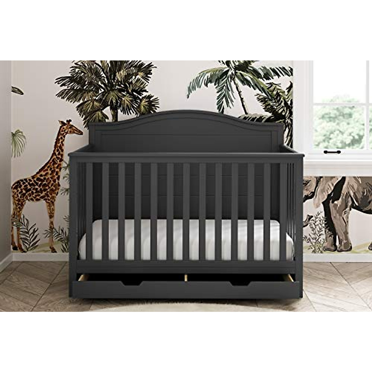 Storkcraft Moss 5-in-1 Convertible Crib with Drawer (Gray) – GREENGUARD Gold Certified, Crib with Drawer Combo, Includes Full-Size Nursery Storage Drawer, Converts to Toddler Bed and Full-Size Bed