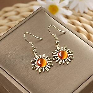 14K Gold Sun Drop Dangle Earrings for Women Unique Orange Carnelian Hippie Earrings Crystal Sun Jewelry Gifts (Sun Earrings)