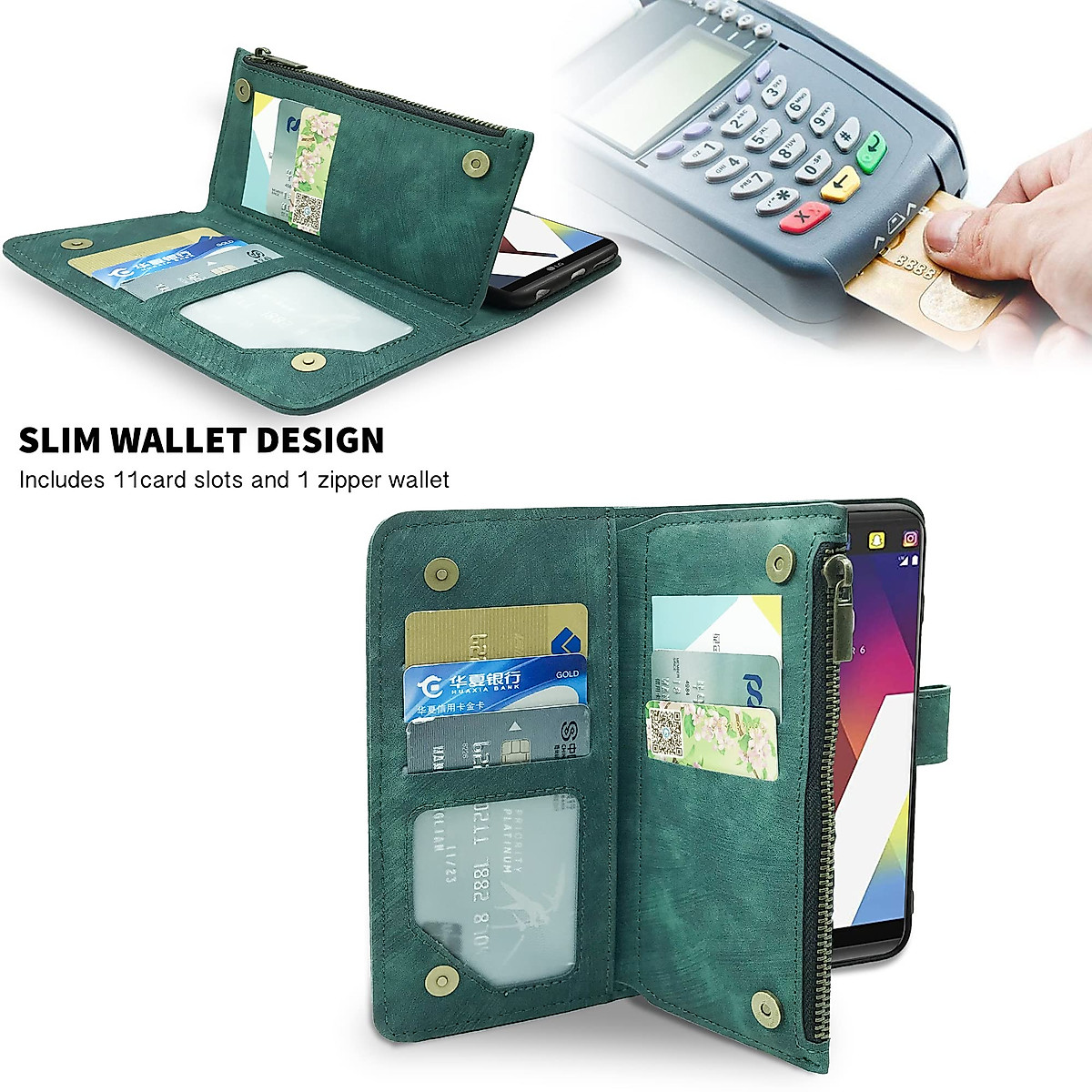 Compatible with LG V20 Wallet Case and Premium Vintage Leather Flip Credit Card Holder Stand Cell Accessories Folio Purse Lanyard Wrist Strap Phone Cover for LGV20 LG20 V 20 ThinQ Women Men Green