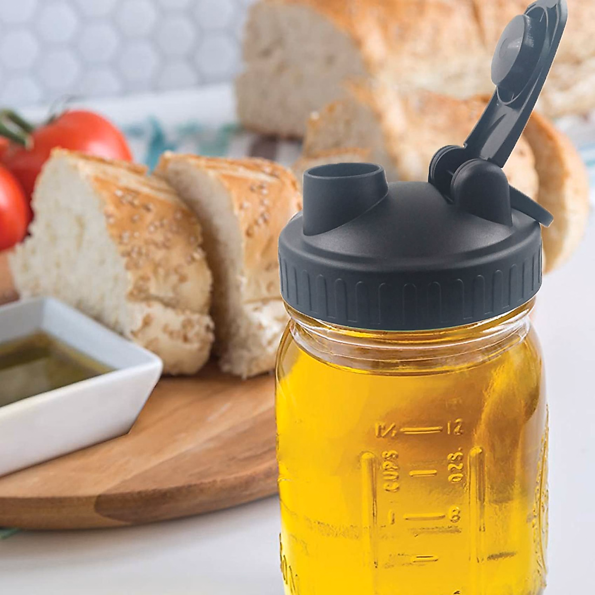 Ckuakiwu Mason Jar Lids, 4pcs 2.76inch Leak-Proof Flip Mason Jar Lid, Regular Mouth Mason Jar Pour Spout Lids, Easy Pouring Spout Lids for Kitchen (Black+Gray)