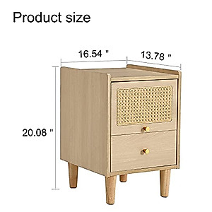 LKTART Rustic Rattan Nightstand 2 Drawer, End Table Side Table Bedside Wooden Storage Living Room Bedroom