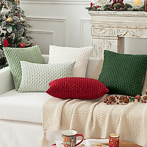 Kevin Textile Decorative Throw Pillow Cover Striped Corduroy Plush Texture Velvet Euro Cushion Cover for Bed 24 x 24 Inch (60cm) Set of 2 Cream