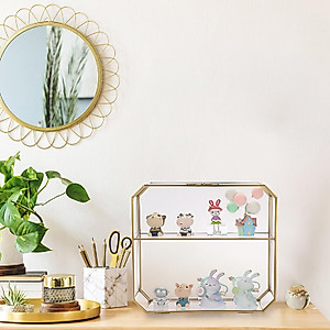 ELLDOO 2 Tier Clear Glass Storage Box, Gold Jewelry Makeup Display Organizer Case, Decorative Tower Box Storage for Trinket Perfume Lipstick Figure Statue Toy Display