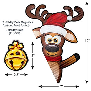 Bigtime Signs XL 4 Piece Reflective Magnetic Reindeer Car Kit - Funny Christmas Car Decorations + 2 Jingle Bells Magnets - Holiday Automotive Magnet (Waving Reindeer)