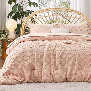 Bedsure Twin/Twin XL Comforter Set - Coral Pink Boho Twin Extra Long Comforter Set for College, Shabby Chic Dorm Bedding Set, 2 Pieces Modern Farmhouse Bed Set, Includes 1 Pillow Sham