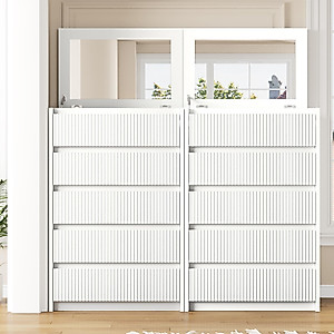 Jocoevol White Dresser 5 Drawer Dresser for Bedroom, Modern Fluted Dresser with Deep Drawers and Mirror, Wooden Dresser Chest of Drawers for Living Room, Hallway, Entryway