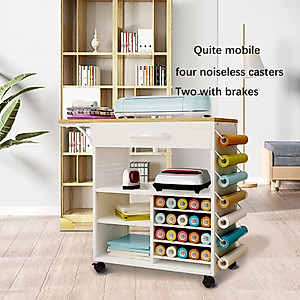 RJOKMT Rolling Craft Storage Cart with Crafting Table Organization Workstation - Compatible with Cricut Machines, Craft Rolling Storage Organizer with Vinyl Roll Holder，Crafting Cabinet Workstation